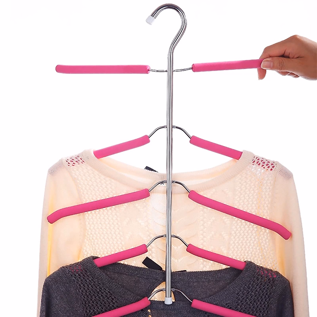 3 Pack 5 in 1 Space Saving Clothes Hangers Chrome and Foam Blouse Tree Hangers Multi Layers Clothes Rack Non Slip Stainless Steel Shirt Hangers Coats Hangers Closet Storage Organizer(White)