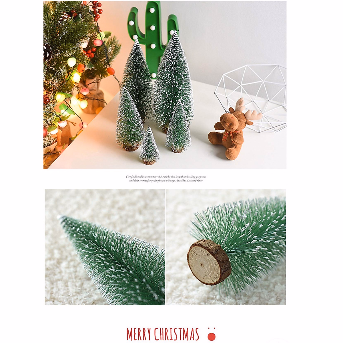 ANLL Desktop Miniature Pine Tree,Small Tabletop Christmas Tree, Mini Sisal Trees with Wood Base Bottle Brush Trees Toppers Snow Ornaments for Crafts, Displaying Christmas Party Home Decoration