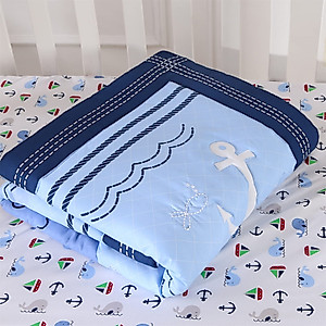 Wowelife Nautical Crib Bedding Sets 3 Piece Whale Crib Comforter Bed Set Sea Crib Bedding Set Nursery Bedding Set with Comforter,Skirt and Fitted Sheet