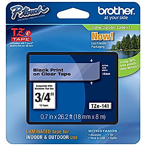 Genuine Brother 3/4" (18mm) Black on Clear TZe P-Touch Tape for Brother PT-1900, PT1900 Label Maker