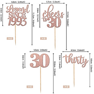 24 PCS Legend Since 1993 Cupcake Toppers Glitter Thirty Cheers to 30 Happy 30th Birthday Cupcake Picks for 30th Birthday Wedding Anniversary Party Cake Decorations Supplies Rose Gold