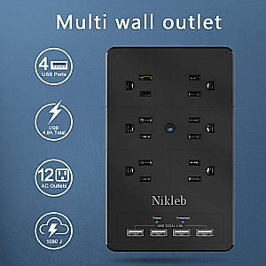 Multiple Plug Outlet Extender Nikleb, Surge Protector 12 Outlets, Plug Extender with 4 USB Ports Shared 4.8A, Wall Outlet Covers with Phone Holder, Charger Block Low Profile, USB Plug Space Saved