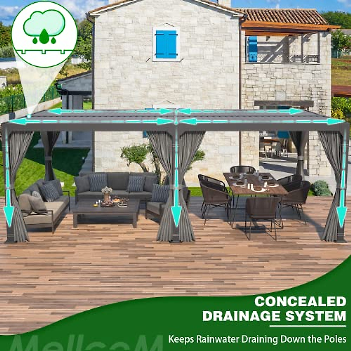 MELLCOM 10' × 20' Louvered Pergola with Adjustable Aluminum Rainproof Roof, Outdoor Hardtop Gazebo for Patio, Lawn & Garden, Curtains and Netting Included, Dark Gray