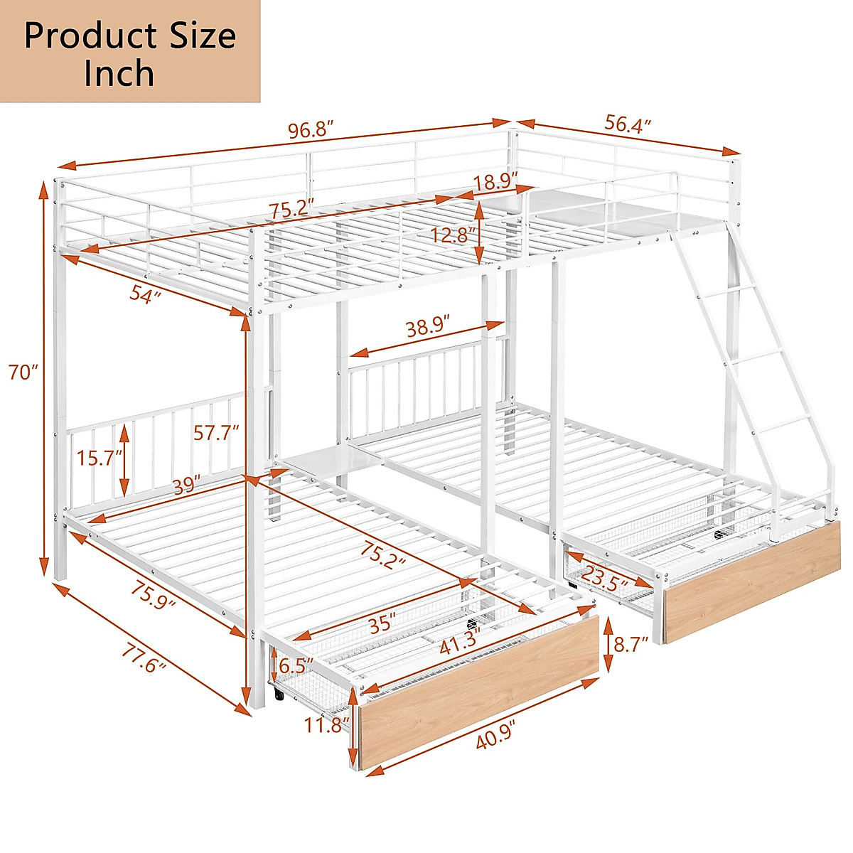 Metal Triple Bunk Bed Full Over Twin & Twin, Full Over Twin & Twin Bunk Bed with Storage Drawers, 3 Bunk Beds/Convertible Into 3 Beds, Metal Triple Bunk Beds for Kids,Teens, Girls(White)