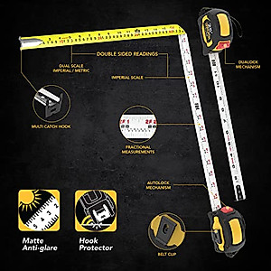 LEXIVON [2-Pack] 25Ft/7.5m Tape Measure, DuaLock & AutoLock | 1-Inch Wide Blade with Nylon Coating, Matt Finish White & Yellow Dual Sided Rule Print | Ft/Inch/Fractions/Metric (LX-204)