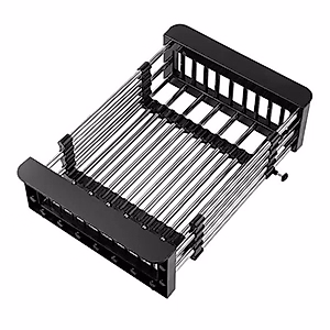 ALREMO 1pc Drain Rack, Stainless Steel Kitchen Basket, Home Dish Rack, Retractable Sink Shelf, 8.81*(11.22-18.5)*3.7in, Suitable for Rectangular Sink (Black)