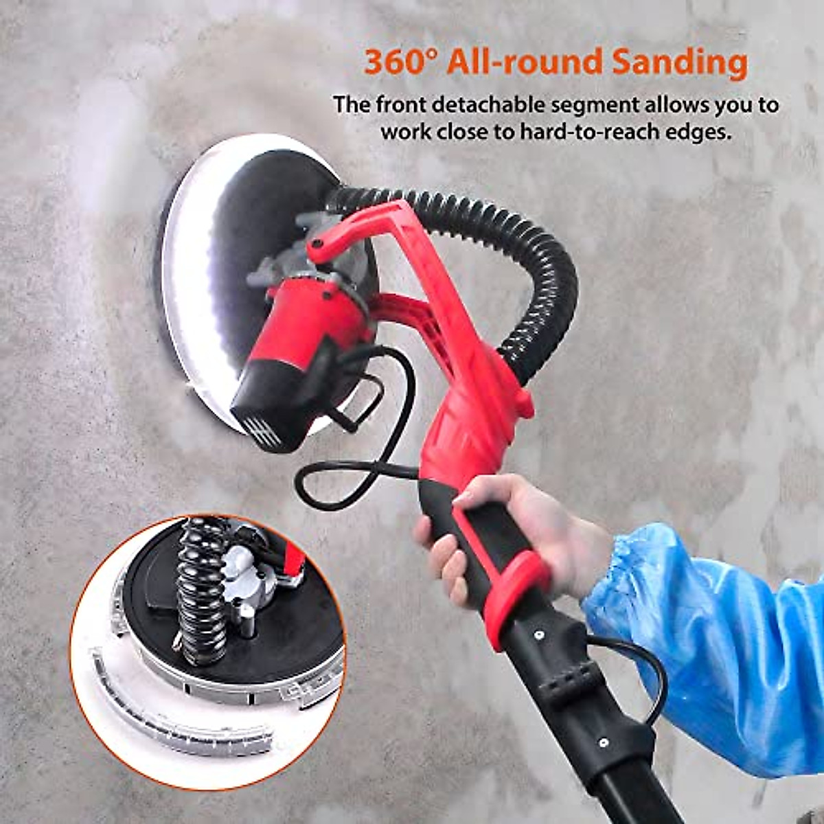 Electric Drywall Sander,750W Popcorn Ceiling Sander with Double-Deck LED Lights,Power Drywall Sander with 6 Variable Speed,1000-2100 RPM,Extendable Aluminum Handle,Long Vacuum Pipe,12 Sanding Papers