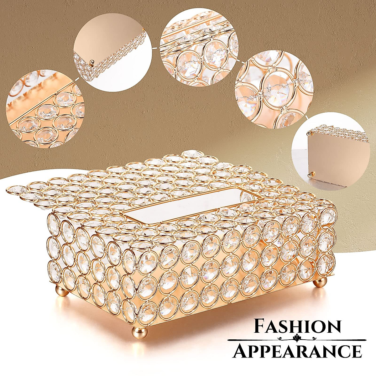 2 Pieces Rectangular Crystal Tissue Box Cover Crystal Tissue Box Holder Bling Tissue Holder Decorative Toilet Paper Box Rectangle Steel Napkin Case Napkins Container for Bathroom Table Decor (Gold)