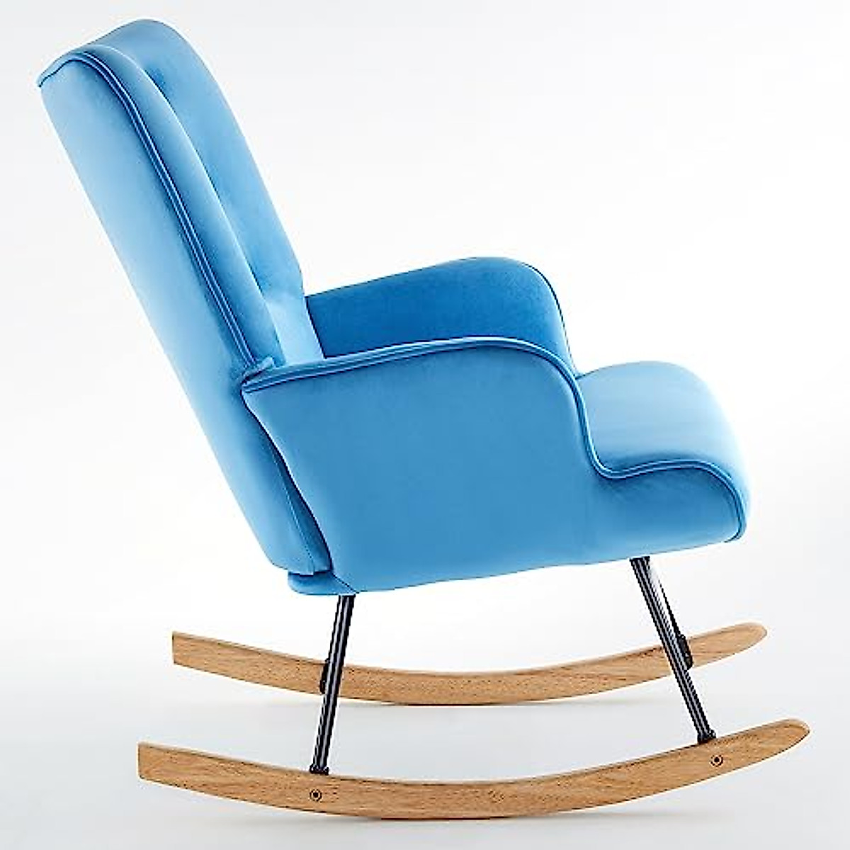 Kosydown Basic Blue Rocking Chair, Velvet Rocking Chair Nursery, Upholstered Comfy Armchair with High Backrest for Living Room Bedroom Offices, Solid Wood Legs Reading Chair