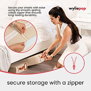 Wyliepop 4-Pack Bed Sheet Organizers, Premium Bedsheet Organizers and Storage with Leather Handles & Borders, Woven Oxford Fabric, Heavy Duty Zipper - 14.9"x12.6"x4.7" Linen Bedsheet Organizer Boxes