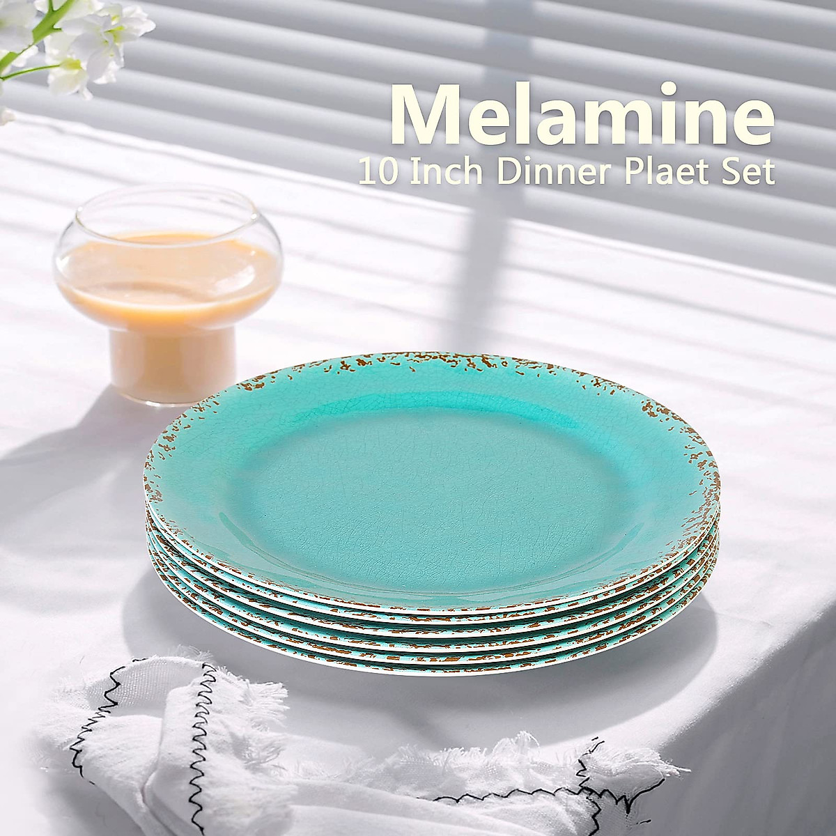 LOK-OSEMILE Gourmet Art Crackle 10 Inch Melamine Dinner Plates Set of 6 Aquamarine