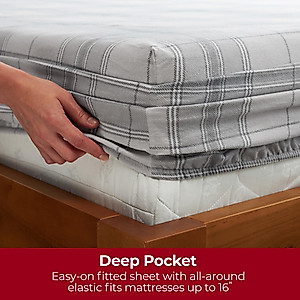 Mellanni Flannel Bed Sheets Set - 4 pc Luxury 100% Heavyweight 180GSM Cotton - Lightweight, Cozy - Deep Pockets, All Around Elastic - Soft, Warm, Breathable(Queen, Light Gray Plaid)