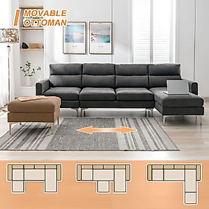 Houjud 110" Convertible Sectional Sofa Couch, Modern Linen Fabric L-Shaped Couch 4-Seat Sofa Couch w/Reversible Chaise and Side Pockets for Living Room, Apartmentt (Grey)