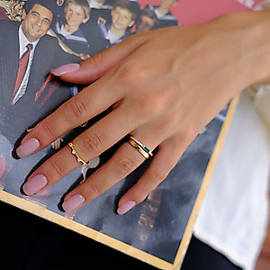 espere Dainty Minimal Emerald Baguette Ring | 18K Gold Plated Emerald Diamond Simulant Stackable Ring | Minimal CZ Anniversary Band Size 7