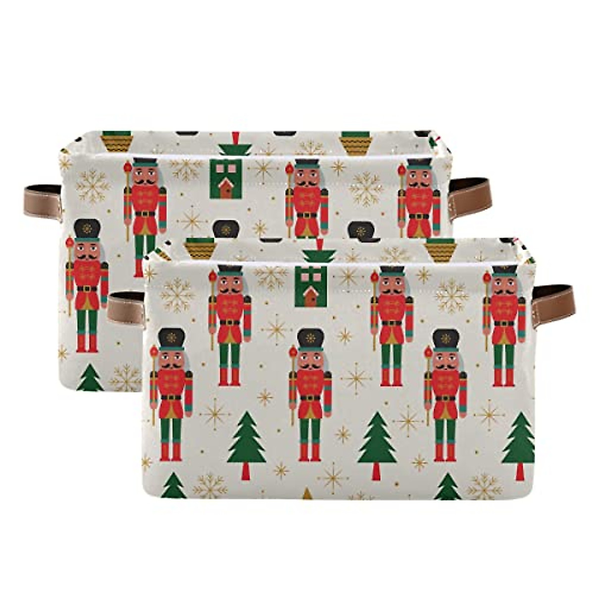 xigua Christmas Nutcracker Xmas Tree Snowflake Storage Basket Foldable Storage Bin Canvas Rectangular Storage Basket with Leather Handles for Home Closet & Office Decoration