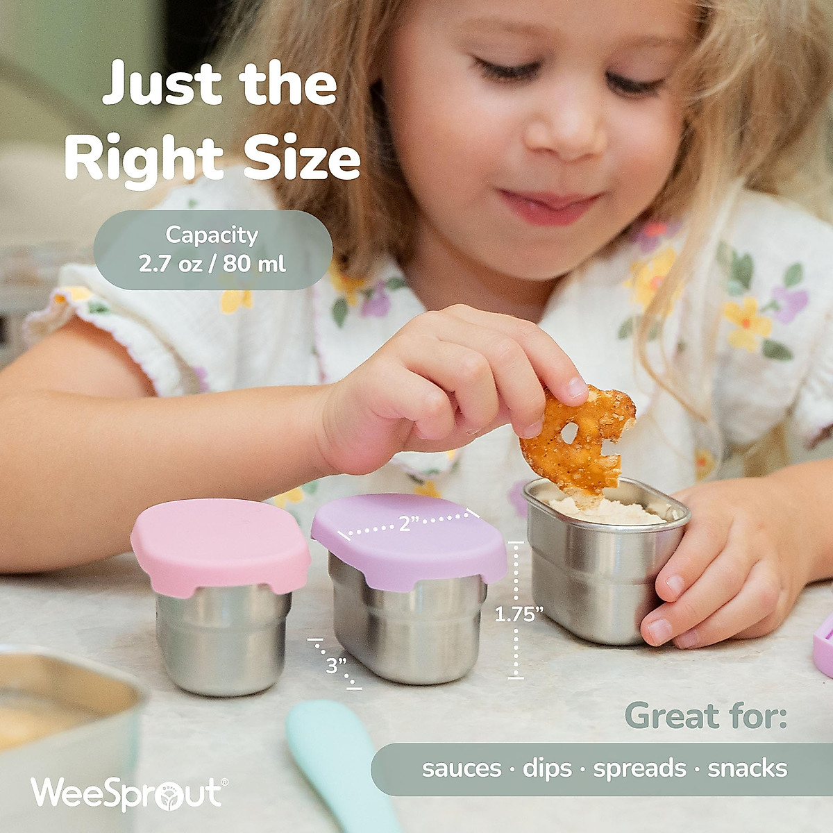 WeeSprout 18/8 Stainless Steel Condiment Containers - Set of 3 Small Dipping Sauce Cups (2.5 oz) with Lids, Pack in Kid/Adult Lunch Box, Leakproof Silicone Lids, Easy to Open, for Dips/Condiments