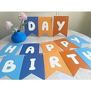 Runhiskii Blue and Orange Birthday Banner, Happy Birthday Banner Blue Orange Party Decorations for Boys, Kids Birthday Decoration Boys’ 1st Birthday Decor