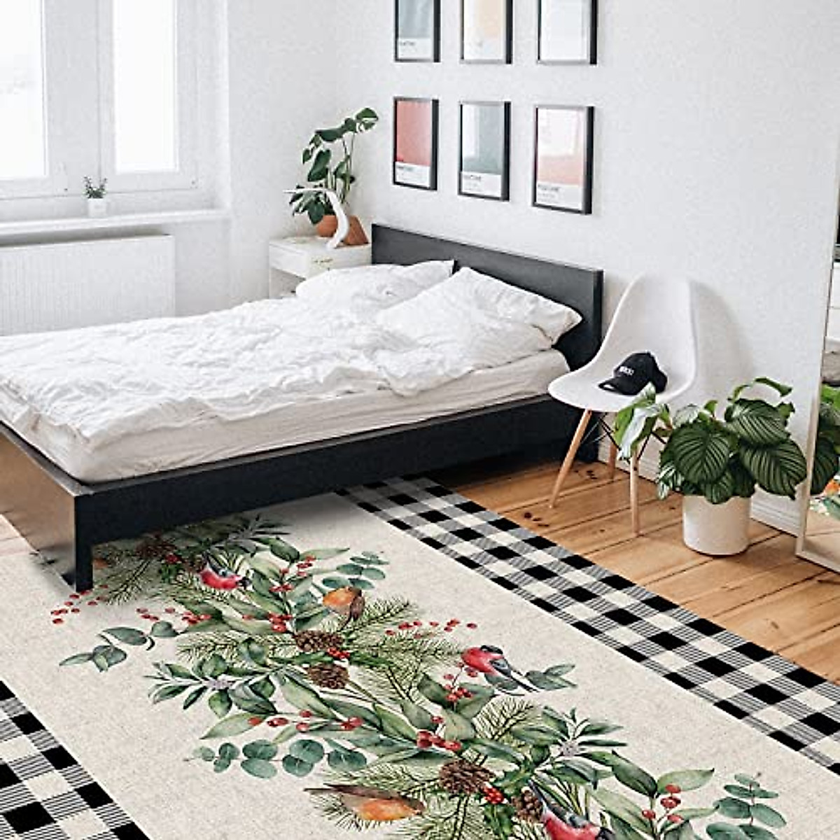 Rectangular Rug Living Room Area Rug - Christmas Winter Poinsettia and Berries Carpet Non-Slip Backing Area Rug Indoor Rug Bedroom Playroom Carpet Floor Mat, 2'x3'