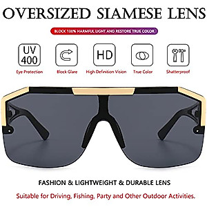 AIEYEZO Square Oversized Sunglasses Flat Top Shield Sun Glasses for Men Women One Lens Square Shades (Black/Grey)