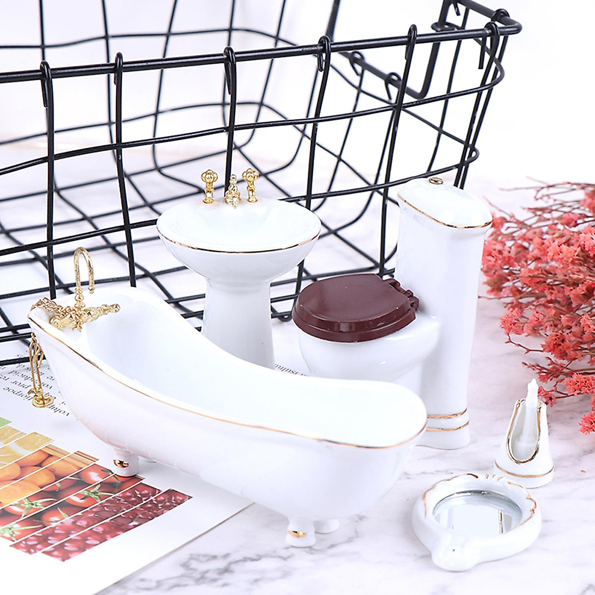 1:12 Dollhouse Miniature Porcelain Bathroom Set 5 PCS White Ceramic Toilet Basin Bathtub Mirror Miniature Furniture Doll Accessories for Bathroom Cake Topper Toy Fairy House Furniture Miniature Toys