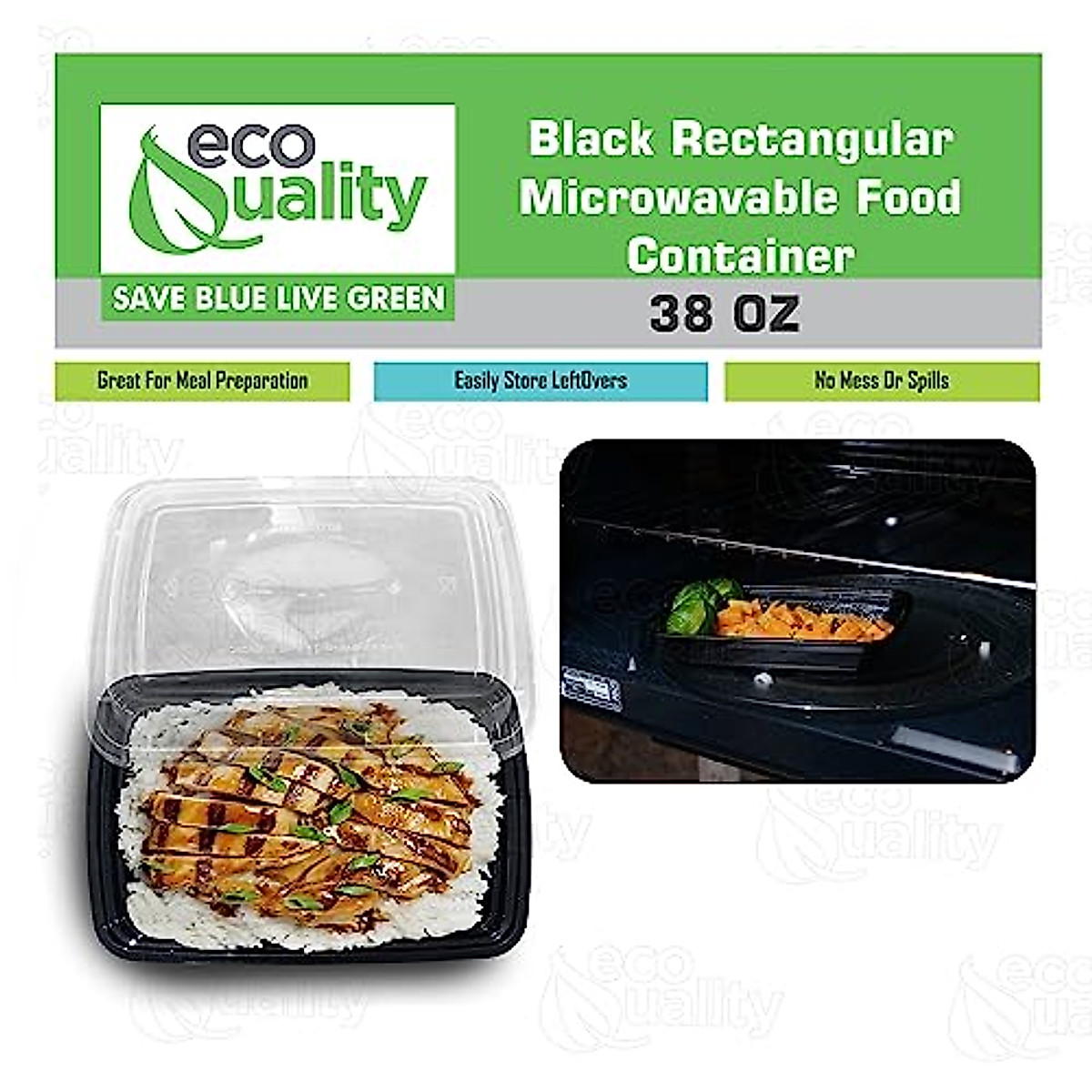 38 oz Reusable Food Storage 150 Pack Containers with Lids by EcoQuality – Rectangular BPA Free Freezer, Microwave & Dishwasher Safe – Airtight & Watertight Stackable, Lunch Meal Prep, To-Go, Bento Box