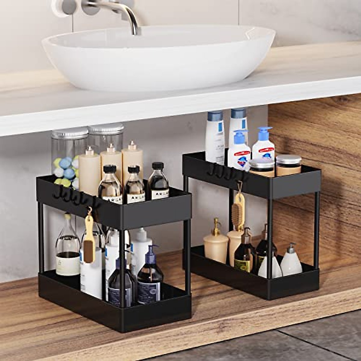 Wekin Under Sink Organizers & Storage 2 PCS, 2 Tier Under Cabinet Basket Organizer for Kitchen Bathroom, 2 Size Multi-Usage Storage Shelf with Hooks, Under the Sink Standing Stackable Rack for Bath