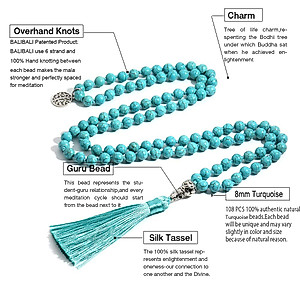 OAIITE 108 Mala Beads Necklace Semi-Precious Gem Stones Turquoise Necklace 108 Hand Knotted Japa Mala Beaded Tassel Necklace with Tree of Life Pendant