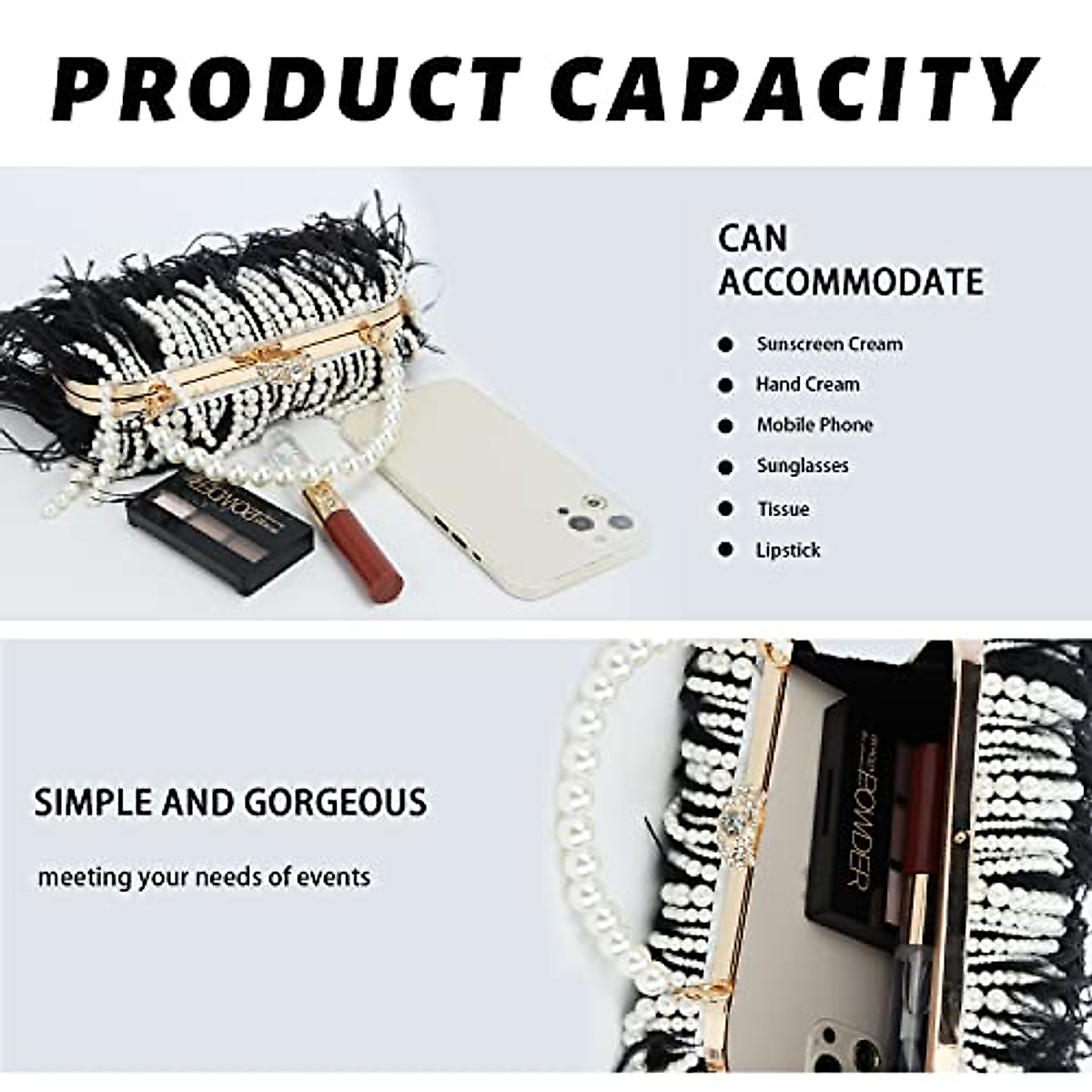 Ynport Women Ostrich Feather Evening Handbag Black Fluffy Clutch Purse Fuzzy Handbag Shoulder Bag with Pearl Chain