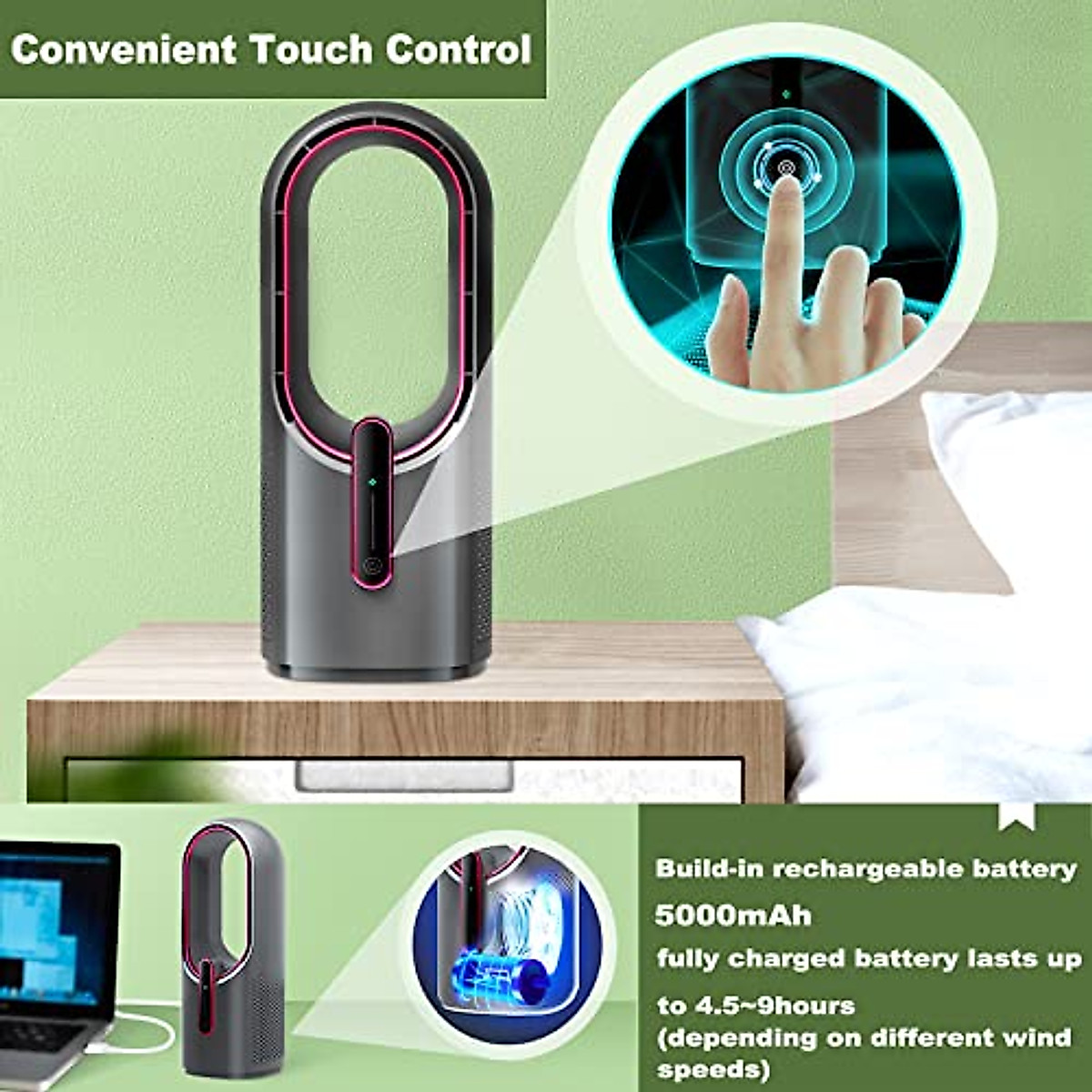 Misby Desk Fan, Rechargeable Battery Powered or USB-Powered Bladeless Fan,11.8 Inch Portable Fan, 3 Speeds Table Fan, Touch Control, Grey Low Power Cooling Fans for Bedroom, Home, Office