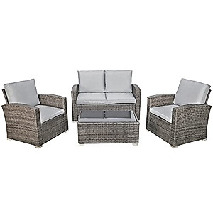 Verano Garden 4 Piece Patio Conversation Set,All Weather Rattan Wicker Patio Furniture Set with Thick Cushions and Tempered Glass Coffee Table for Porch, Backyard, Patio, Dark Gray (Light Gray)