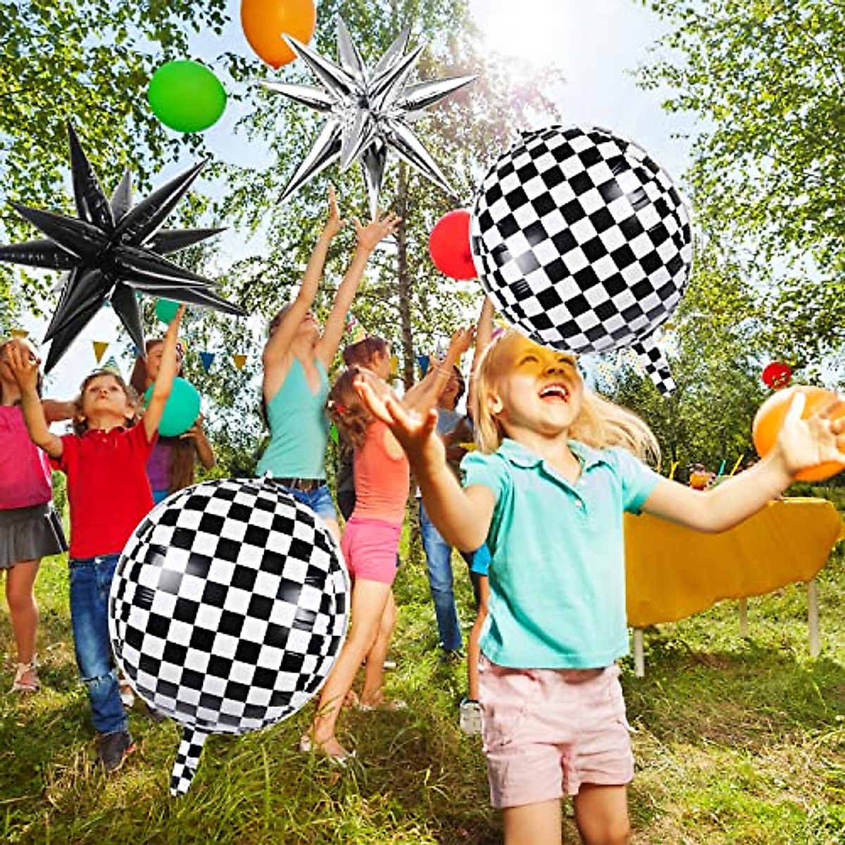 6 Pcs Race Car Checkered Balloons 3 Pcs Explosion Pointed Star Foil Balloons for Racing Party Decorations, 22'' Jumbo Sphere 4D Black and White Checkered Flag Mylar Balloons for Birthday Party