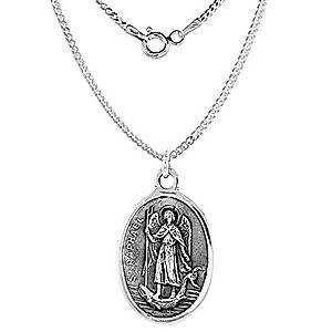 Sterling Silver St Raphael Medal Pendant Oxidized finish Oval 1 inch