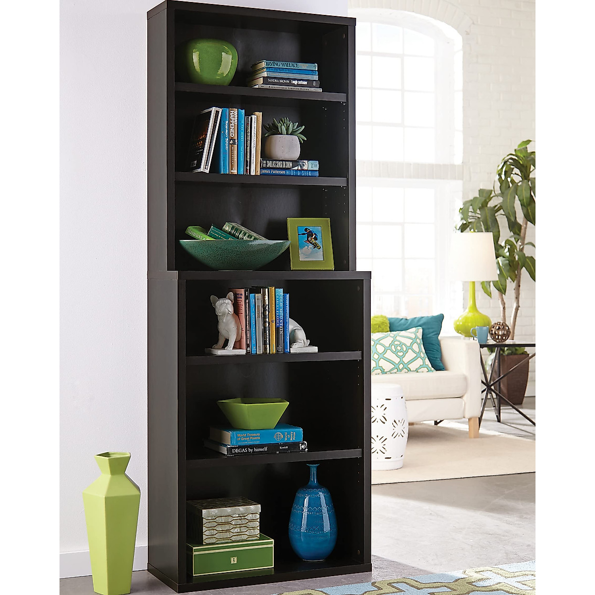 ClosetMaid Bookshelf with 6 Shelf Tiers, Adjustable Shelves, Tall Bookcase Hutch, Sturdy Wood with Closed Back Panel, Black Walnut Finish
