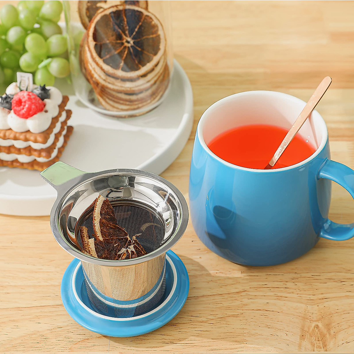 Henten Home Ceramics Tea Cup with Loose Leaf Infuser, Spoon and Lid, 15oz, Large Tea infuser Mug for Tea, Coffee, Milk-Microwave and Dishwasher Safe(15oz,Navy Blue)