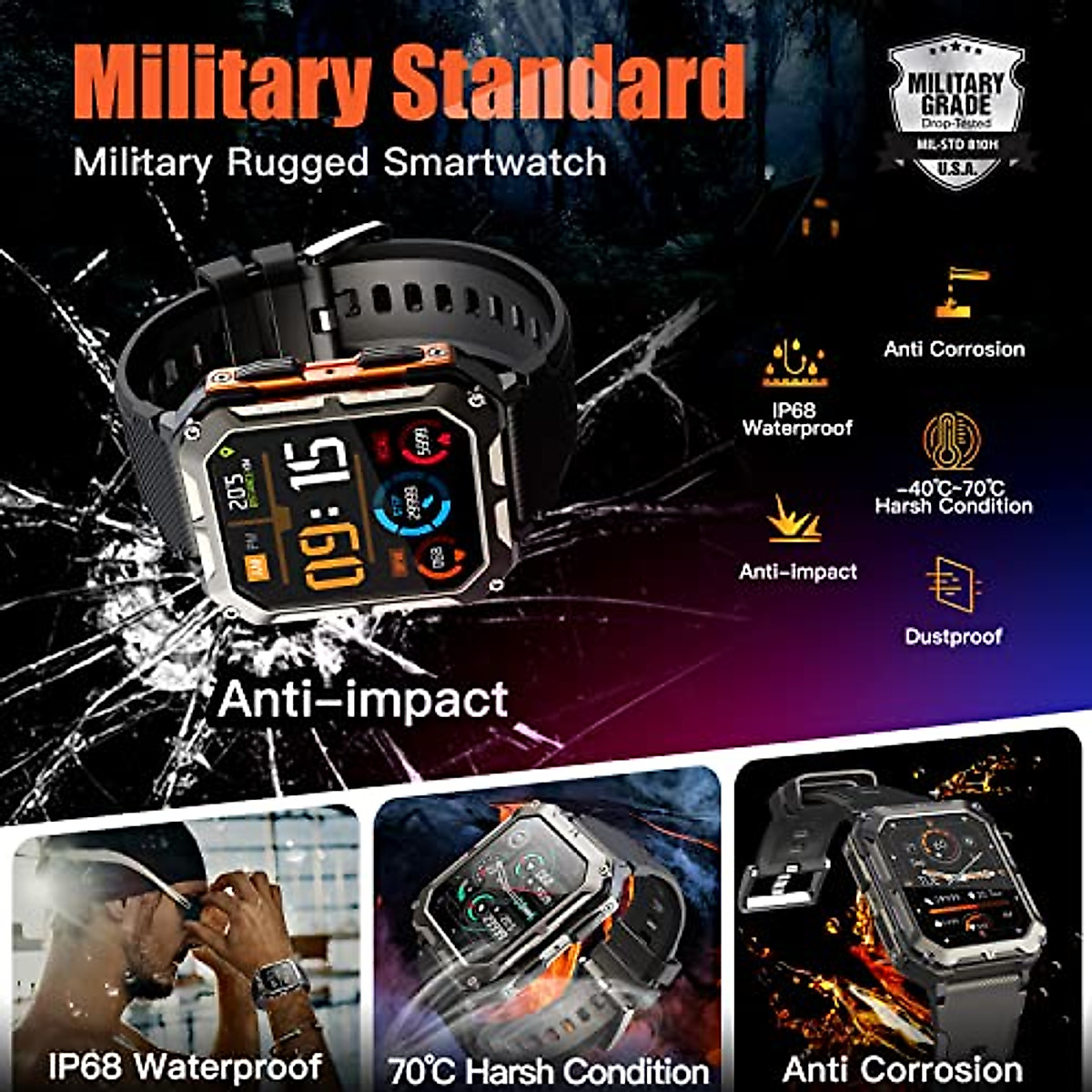 meoonley Military Rugged Smartwatch for Men,Sport Watch with Answer/Make Call IP68 1.83 inch Fitness Tracker Pedometer SpO2 for Outdoor Enthusiasts