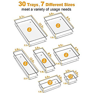 SMARTAKE 30-Piece Drawer Organizer with Non-Slip Silicone Pads, 7-Size Desk Drawer Organizer Trays Storage Tray for Makeup, Jewelries, Utensils in Bedroom Dresser, Office and Kitchen (Clear)
