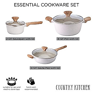 Country Kitchen Nonstick Cookware Sets - 6 Piece Nonstick Cast Aluminum Pots and Pans with BAKELITE Handles - Non-Toxic Pots with Glass Lids - Speckled Cream with Light Wood Handles