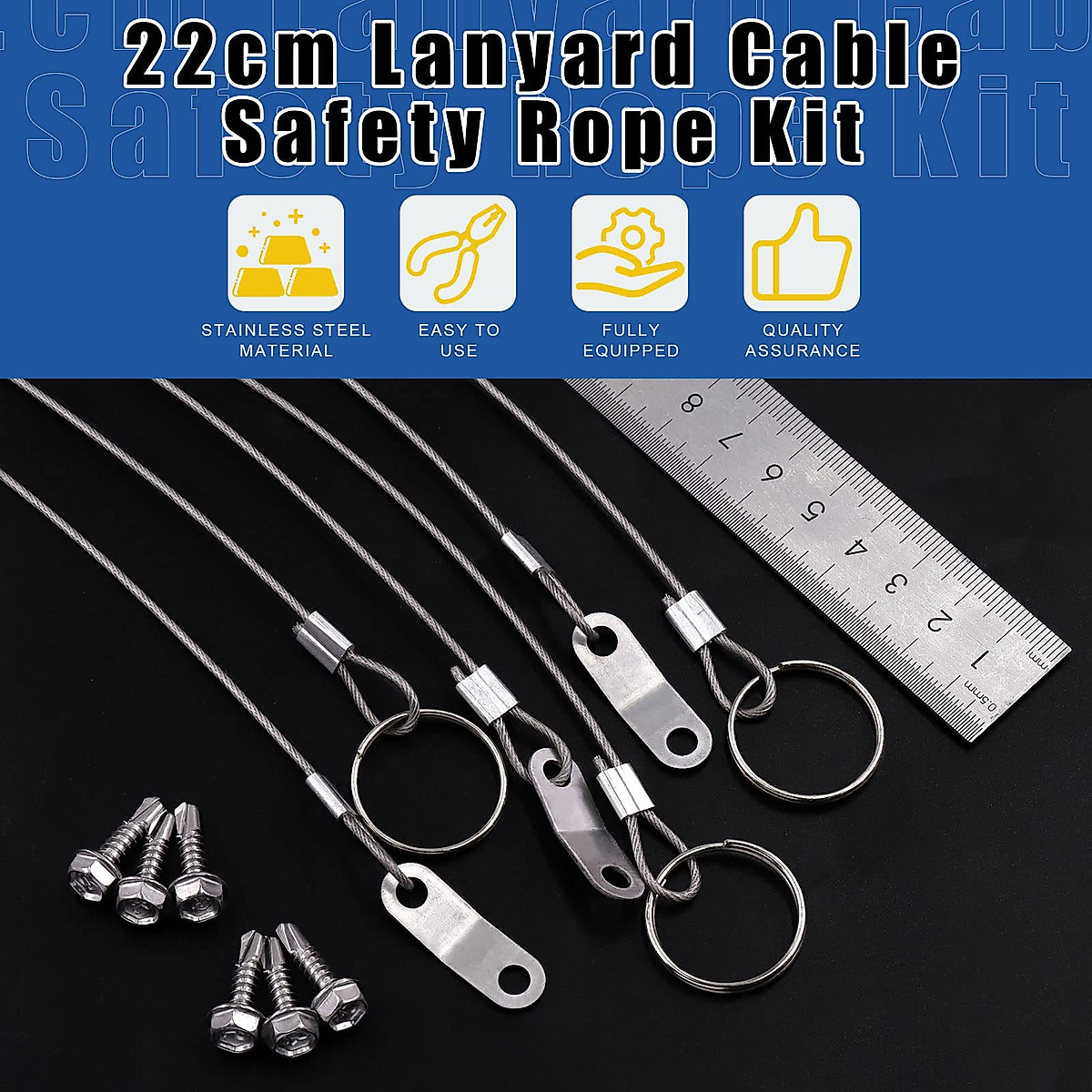 Glarks 20Pcs 11 Inches Lanyard Cable Set Including 10Pcs 304 Stainless Steel Safety Tether Wire with Quick Release Ring and Rubber Coating and 10Pcs Self Drilling Hex Head Screws for Car Boat Fastener