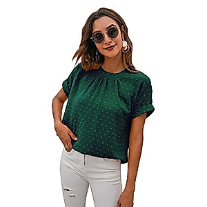 Milumia Women's Casual Swiss Dots Chiffon Ruffle Front Short Sleeve Work Office Blouse Top Green Large