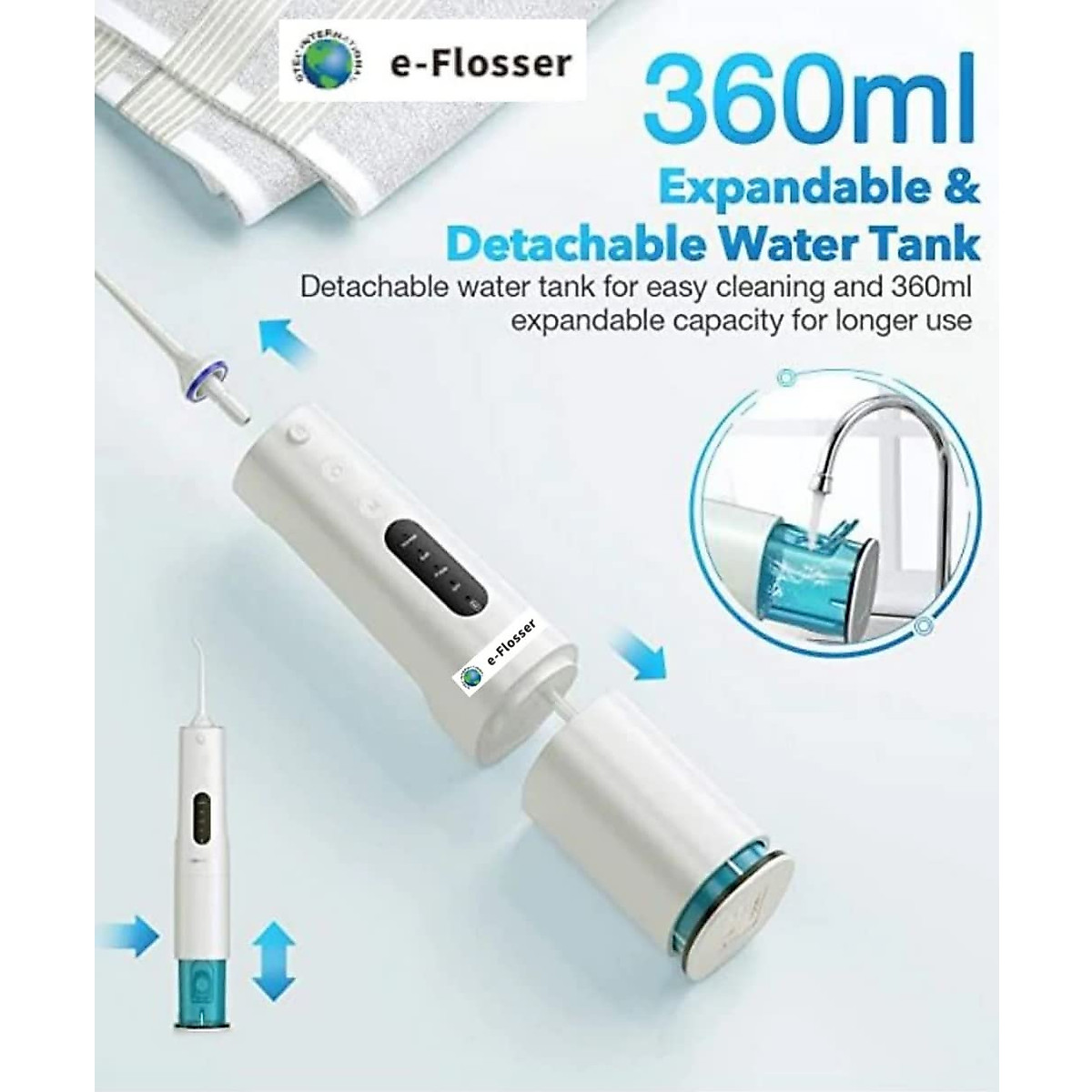 e-THealth Oral Care Kit Professional Cordless Oral e-Flosser 360 ml Large Detachable Water Tank and e-TBrush 920 Sonic Electric Tooth Brush with 15 Different Modes