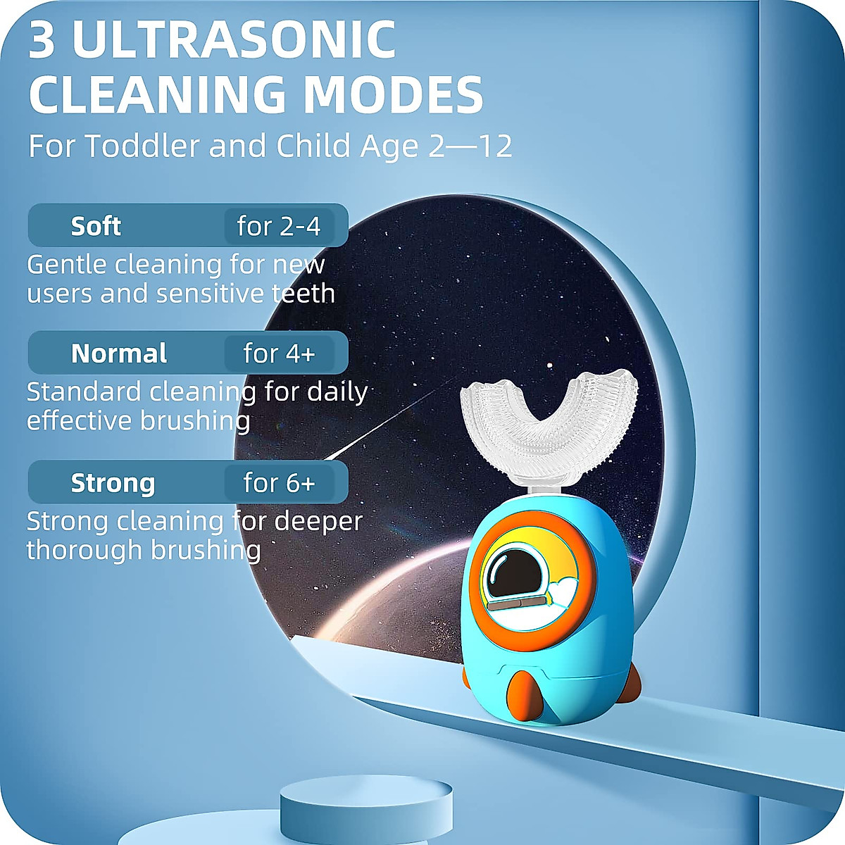 AUITRONCARE Ultrasonic Kids U Shaped Electric Toothbrush, Rechargeable Toddler toothbrushes with 4 Brush Heads, Smart Timer IPX7 Waterproof (Ages 2-12) (Hollow-Blue)