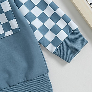 Toddler Baby Boy Fall Winter Outfit Contrast Color Long Sleeve Sweatshirts Stretch Jogger Pants Newborn Clothes Set (Plaid Blue, 18-24 Months)