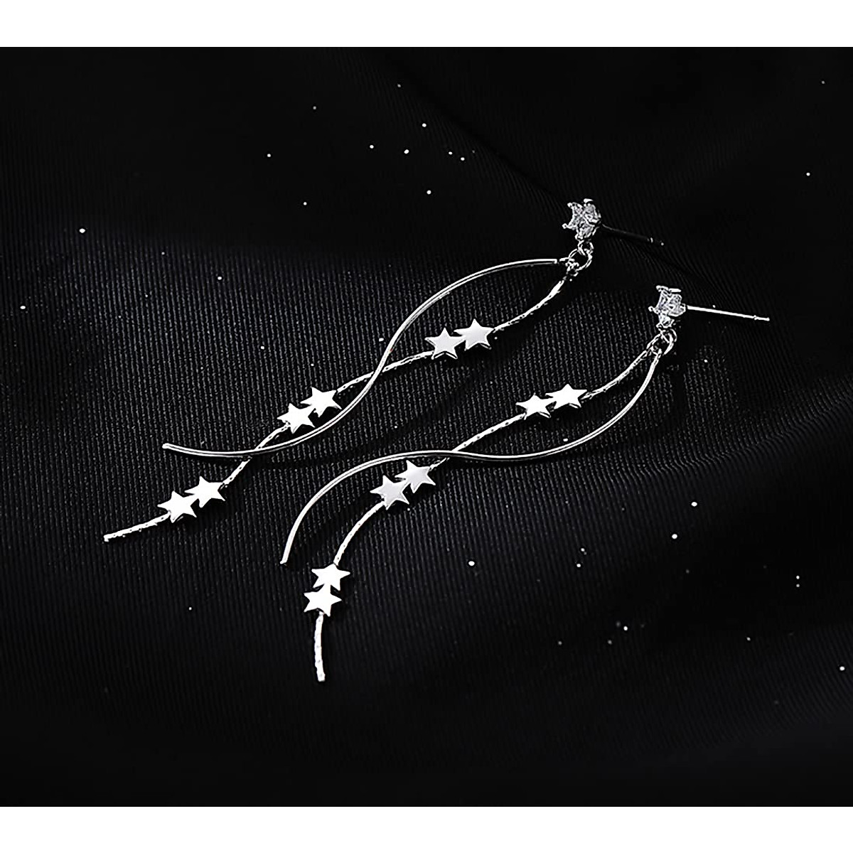 SLUYNZ Sterling Silver Star Dangle Earrings for Women Teens Girls Long Dangle Earrings Chain Curve Tassel (A-Silver)