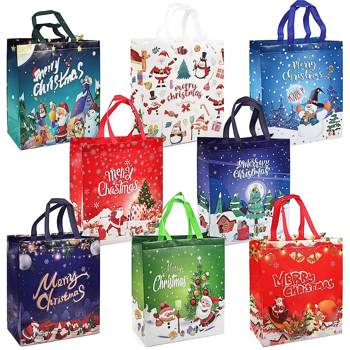 PARSUP 8PCS Large Christmas Gift Bags, Tote Bags with Handles, Christmas Treat Bags, Multifunctional Non-Woven Christmas Bags for Gifts Wrapping Shopping, Xmas Party Supplies, 15"×13.8"×5.9"