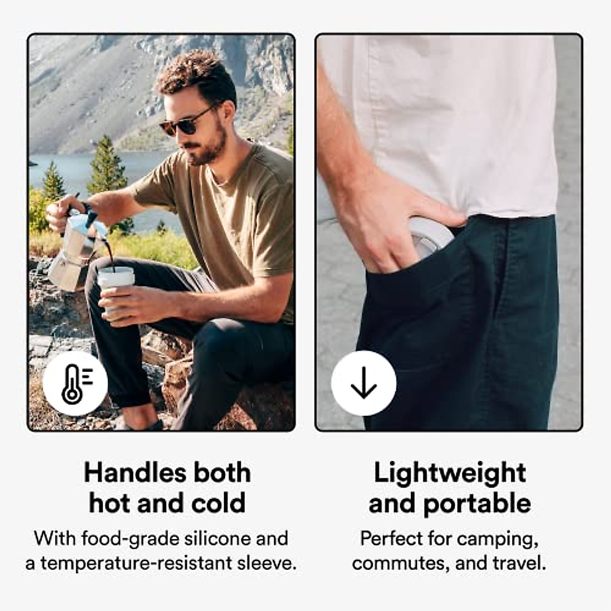 STOJO Collapsible Travel Cup With Straw - Carbon, 16oz / 470ml - Reusable To-Go Pocket Size Silicone Bottle for Hot and Cold Drinks - Perfect for Camping and Hiking - Microwave & Dishwasher Safe