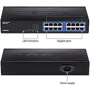 TRENDnet 16-Port Unmanaged Gigabit GREENnet Desktop Metal Switch, Ethernet Splitter, Fanless,16 x RJ-45 Ports, 32 Gbps Forwarding Capacity, TEG-S16DG