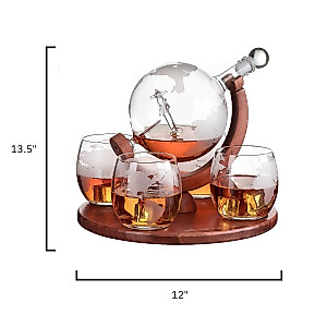 Etched World Decanter whiskey Globe - The Wine Savant Whiskey Gift Set Globe Decanter with Antique Airplane, Whiskey Stones and 4 World Map Glasses, Pilot Gift - Alcohol Related Gift, HOME BAR DECOR