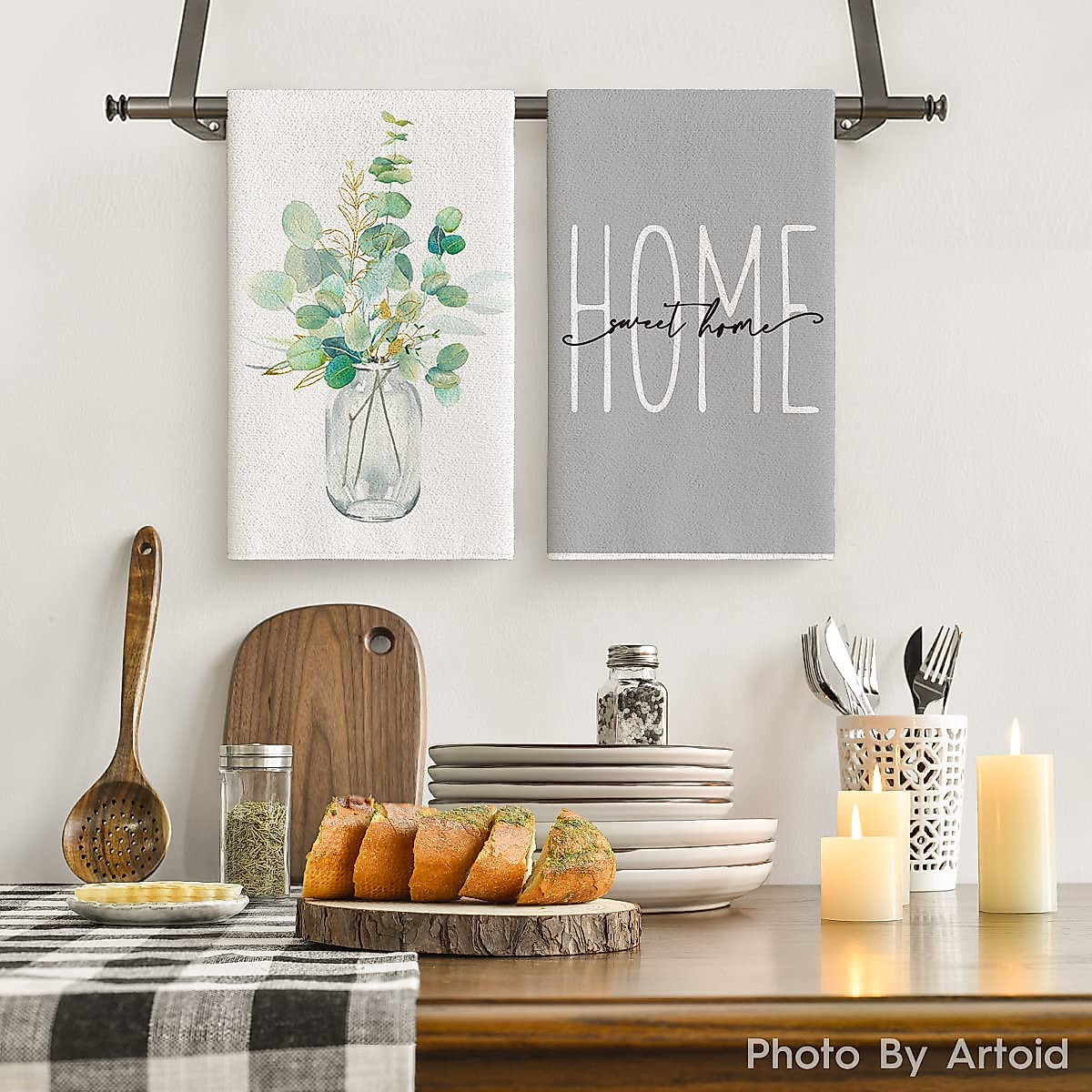 Artoid Mode Eucalyptus Gold Leaves Summer Kitchen Towels Dish Towels, 18x26 Inch Seasonal Spring Wedding Decoration Hand Towels Set of 4