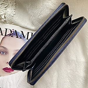 Rebecca & Rifka Women's Large Saffiano Vegan Leather Medallion Zip Around Multi Holder Organizer Wristlet Large Capacity Travel Clutch Wallet (Navy)