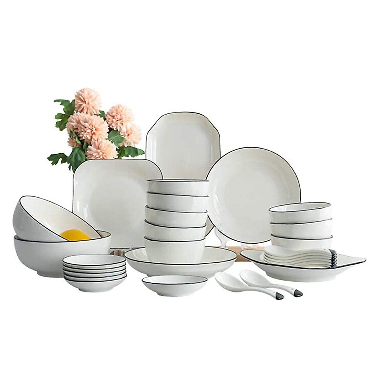 Dishes/Plate/Bowl Set,Simplest White Black Lines Ceramics Dinnerware Set of 29 Pieces Porcelain Dinner Set for Family Service for 8 People